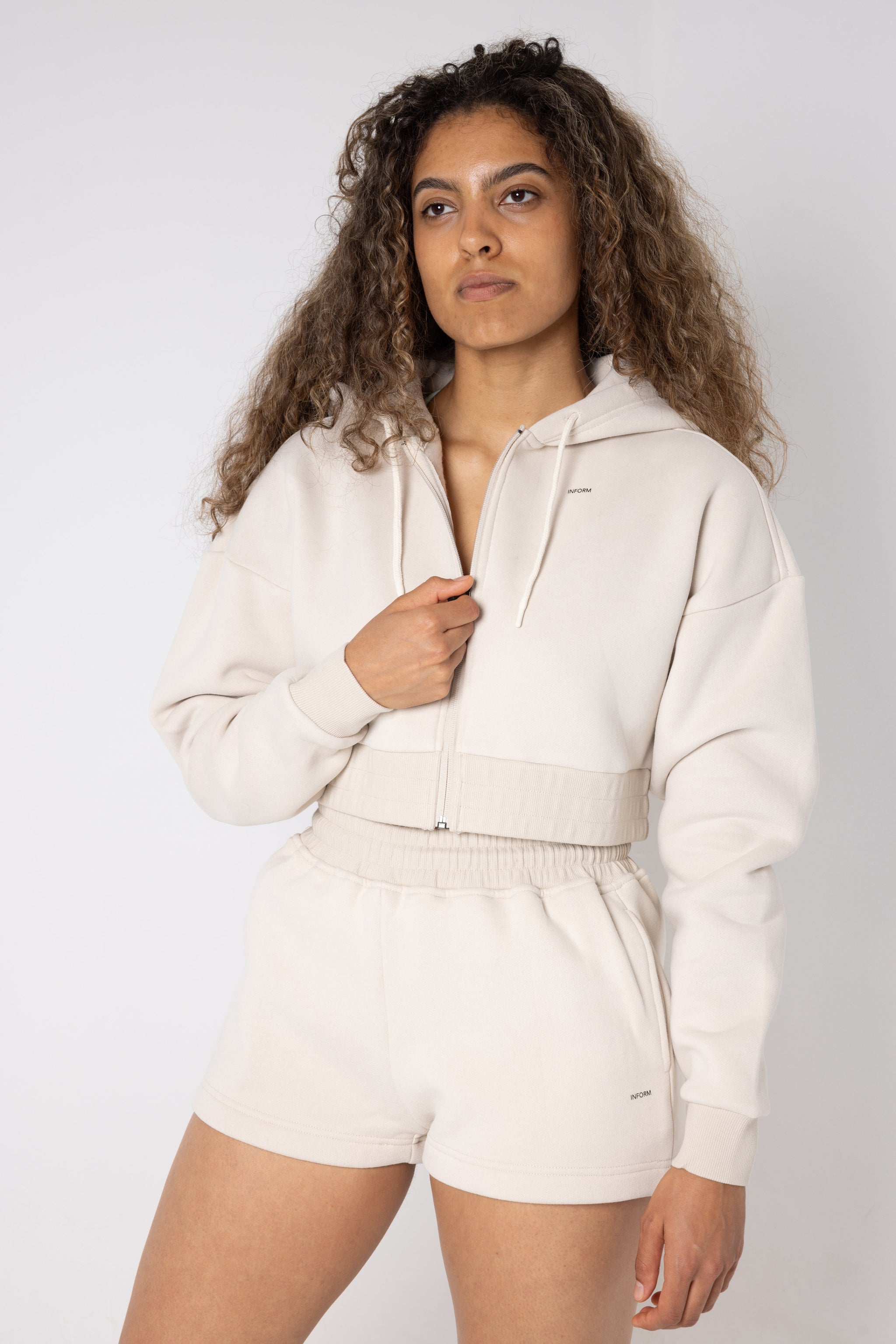 Recovery Rest Day Cropped Beige Zip Up Hoodie